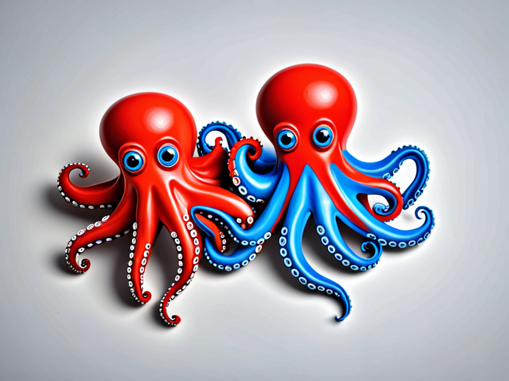 two cartoon octopus, one red and the other blue
