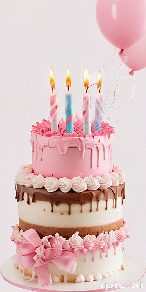 Delicious Three-Tiered Birthday Cake Decorated with Pink Icing and Candles