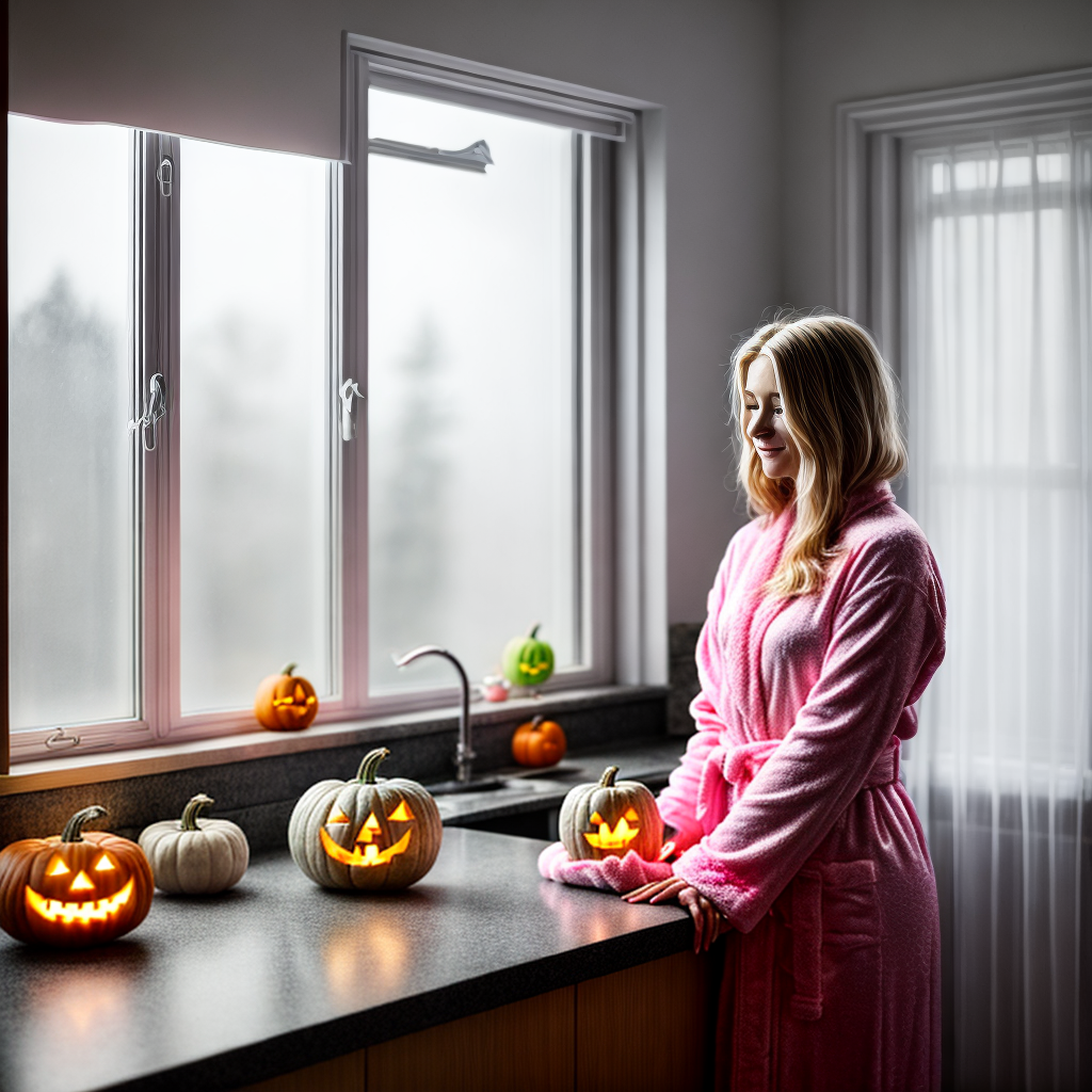 light-haired femaile in pink robe standing next to lit halloween ...
