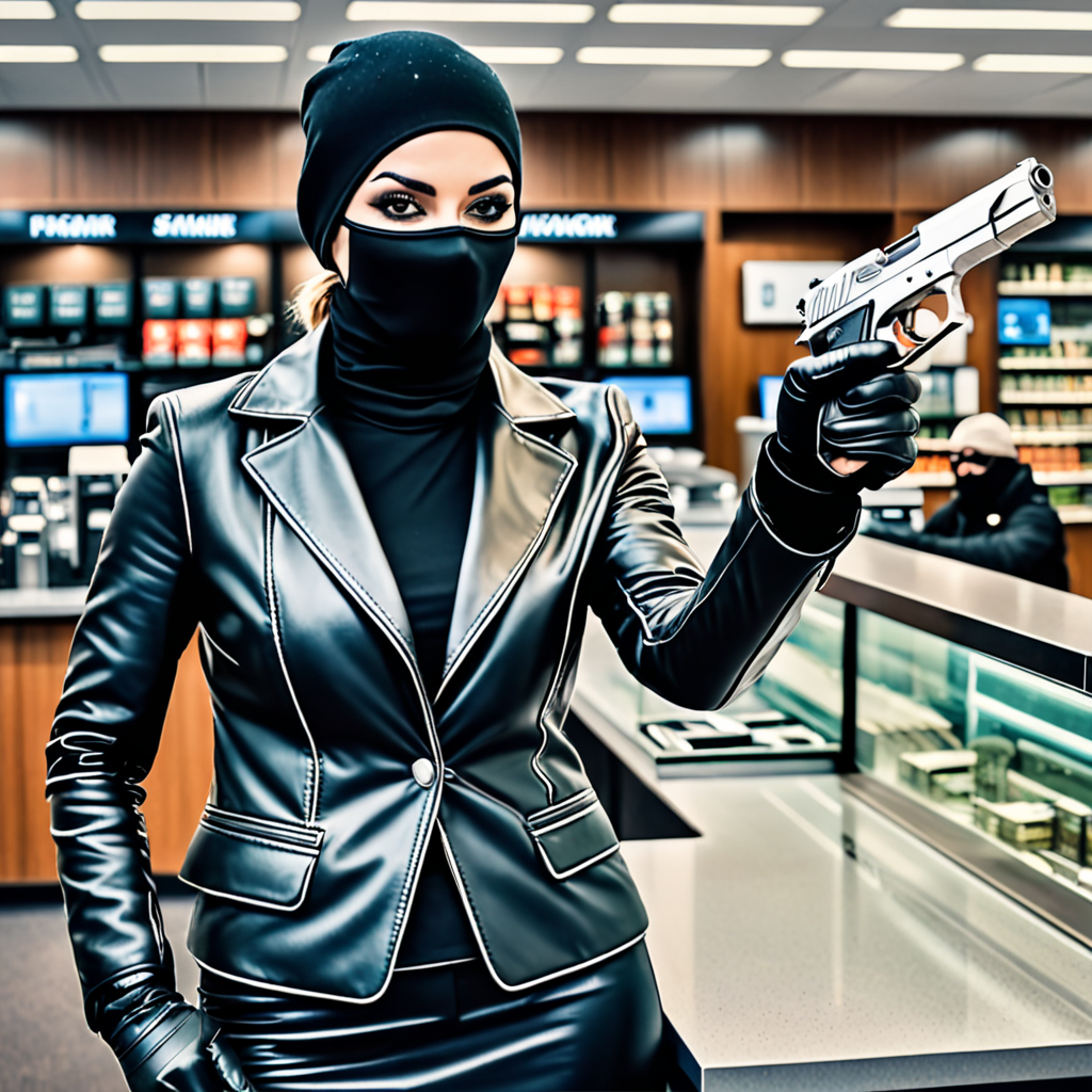 Security camera view of a bank robbery by a woman, leather blazer ...