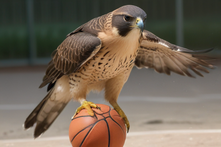 falcon bird shooting a basketball using it's wing