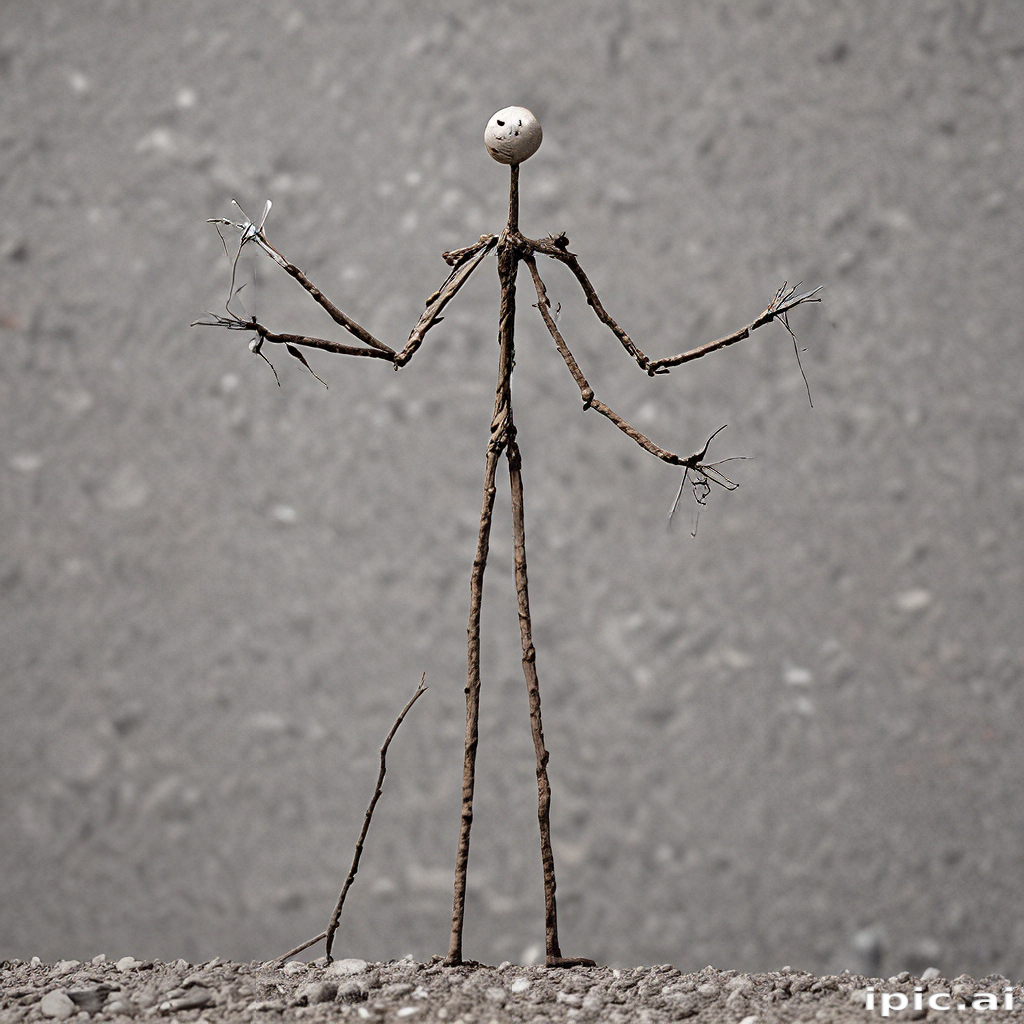Whimsical Stick Figure Sculpture Standing Proudly Against a Gray Background