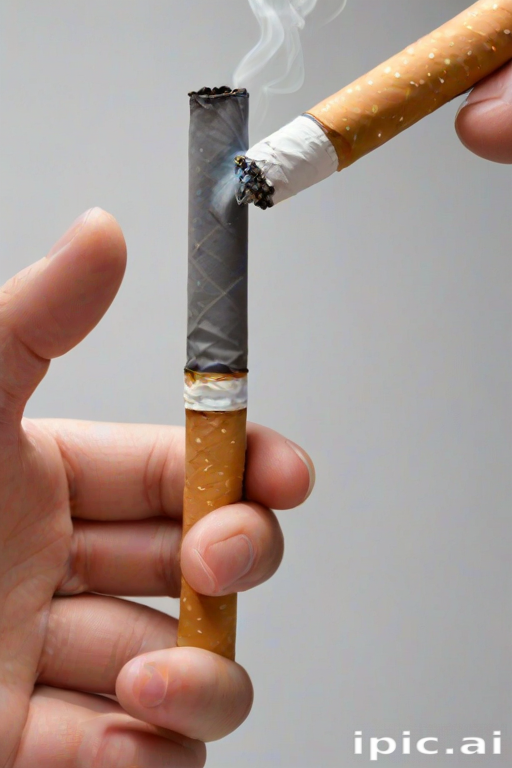 Hand Holding Two Cigarettes, One Emitting Smoke, in a Gray Setting