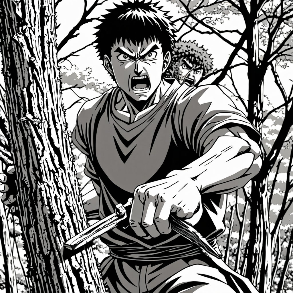 Very angry man breaking a tree with his hand, Anime, black and white ...
