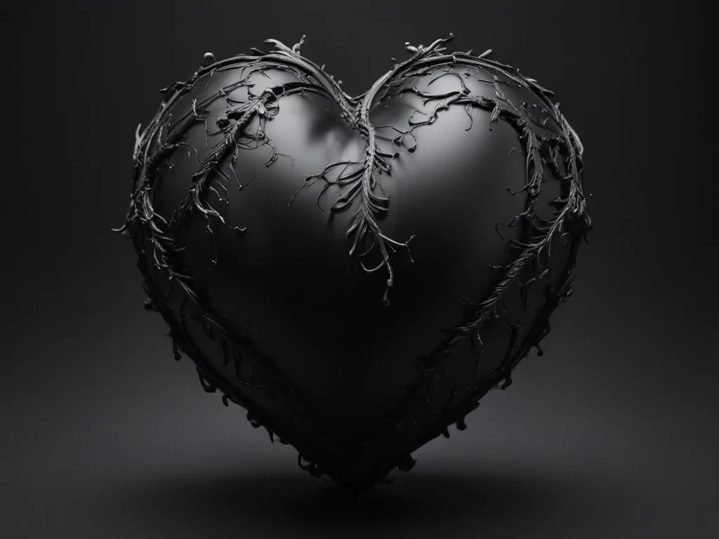 Intricate Black Heart Surrounded by Twisting Vines and Shadows in Darkness