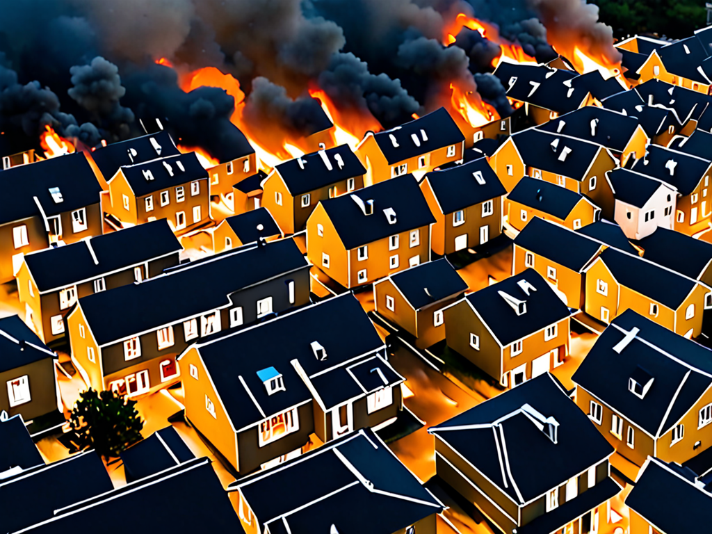 old village all the houses on fire in the night. Prospective from above