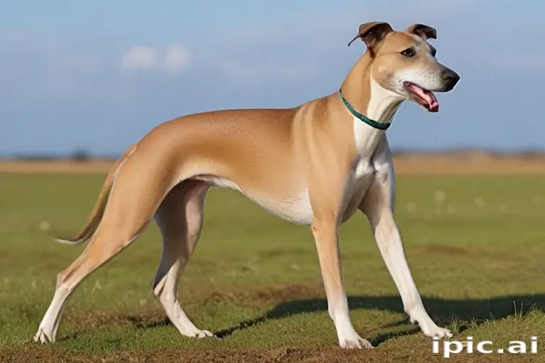 A Playful Greyhound Standing Proudly in a Sunny Outdoor Field.