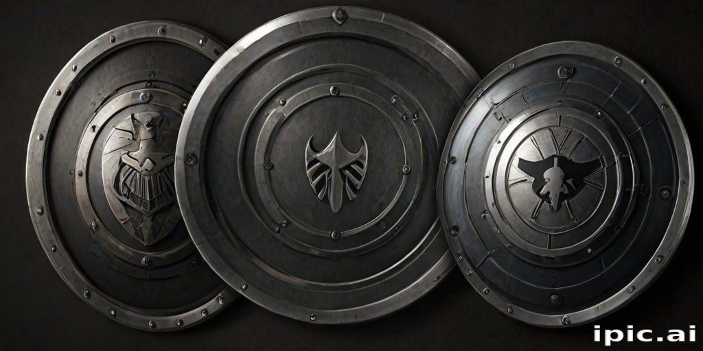 Three Intricately Designed Metallic Shields with Unique Emblems ...