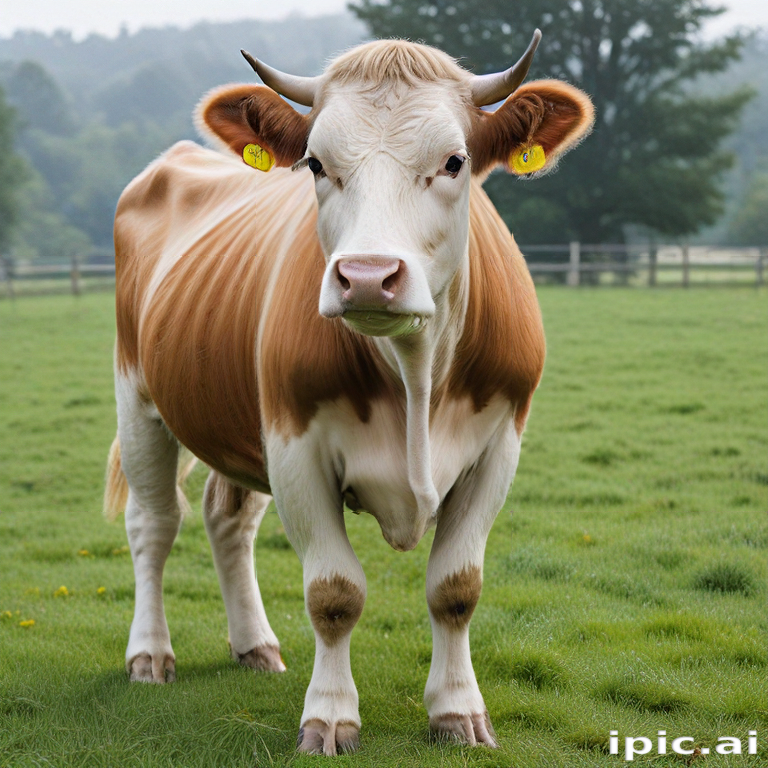 A Gentle Cow Grazing Peacefully in a Lush Green Pasture Landscape.