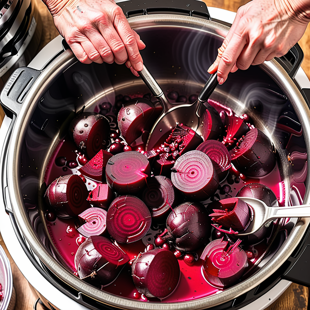 Preparing a Colorful Beetroot Dish with Freshly Cooked Vegetables in a Pot