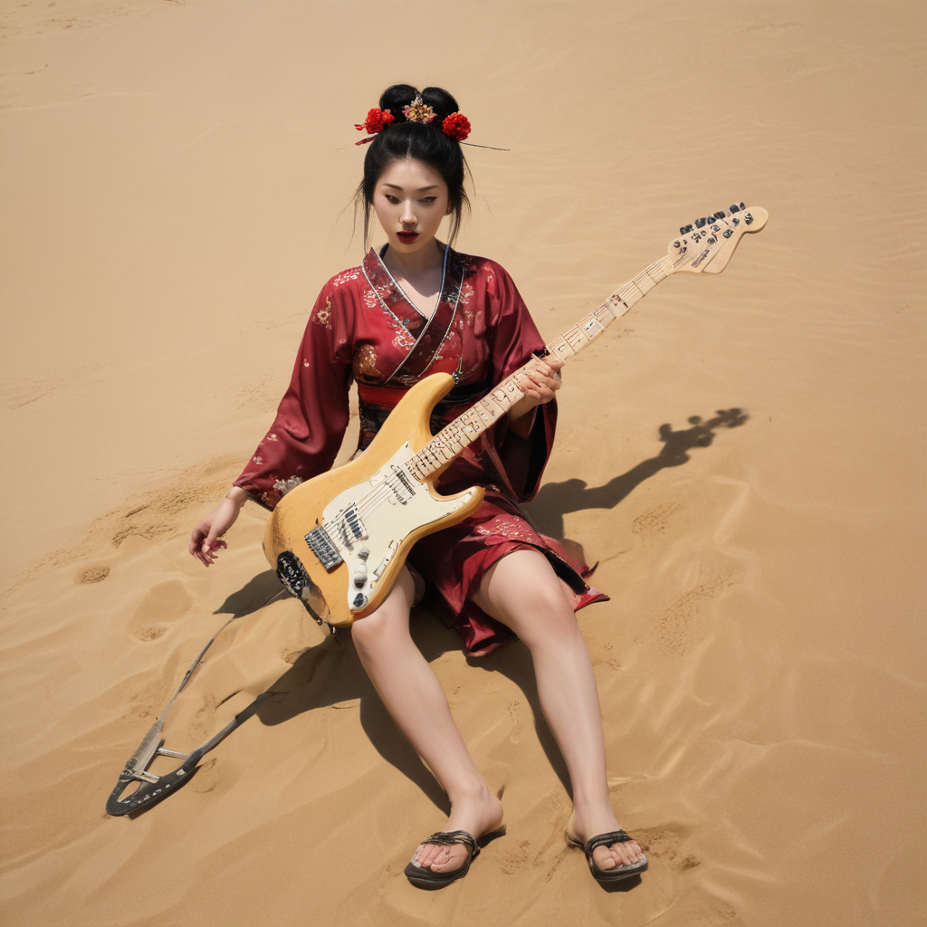 Geisha trapped in sand with a electric guitar fused with a sword