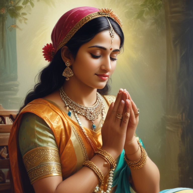 indian mother praying lord krishna