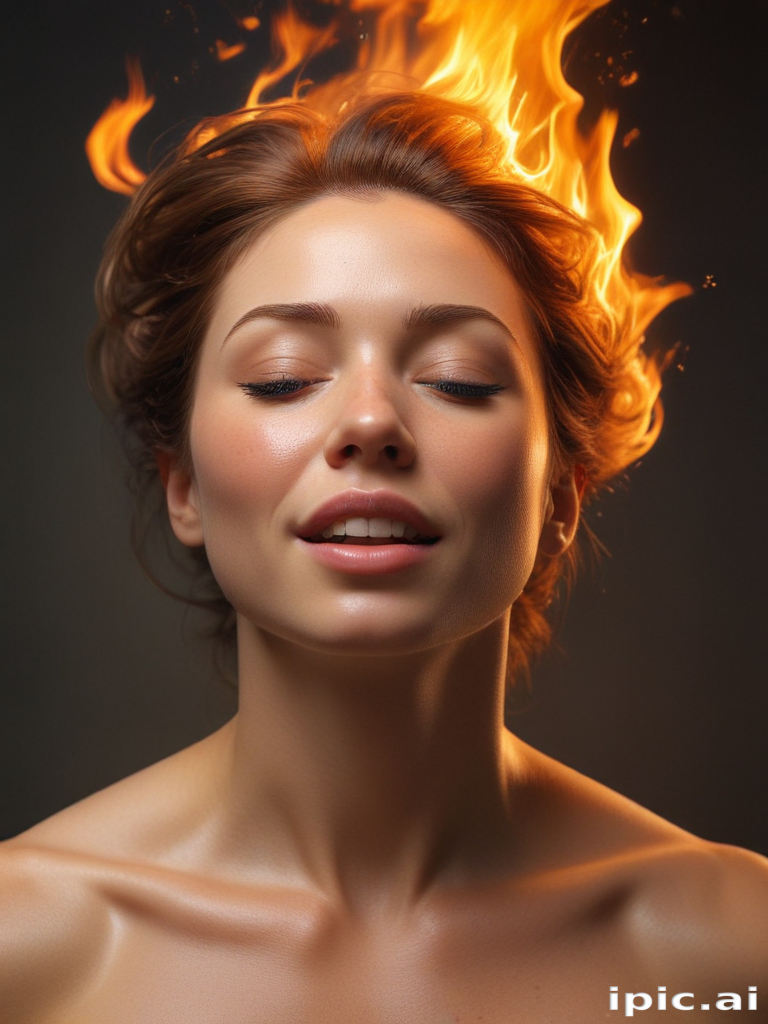 Enchanting Portrait of a Woman with Fiery Flames Surrounding Her Hair