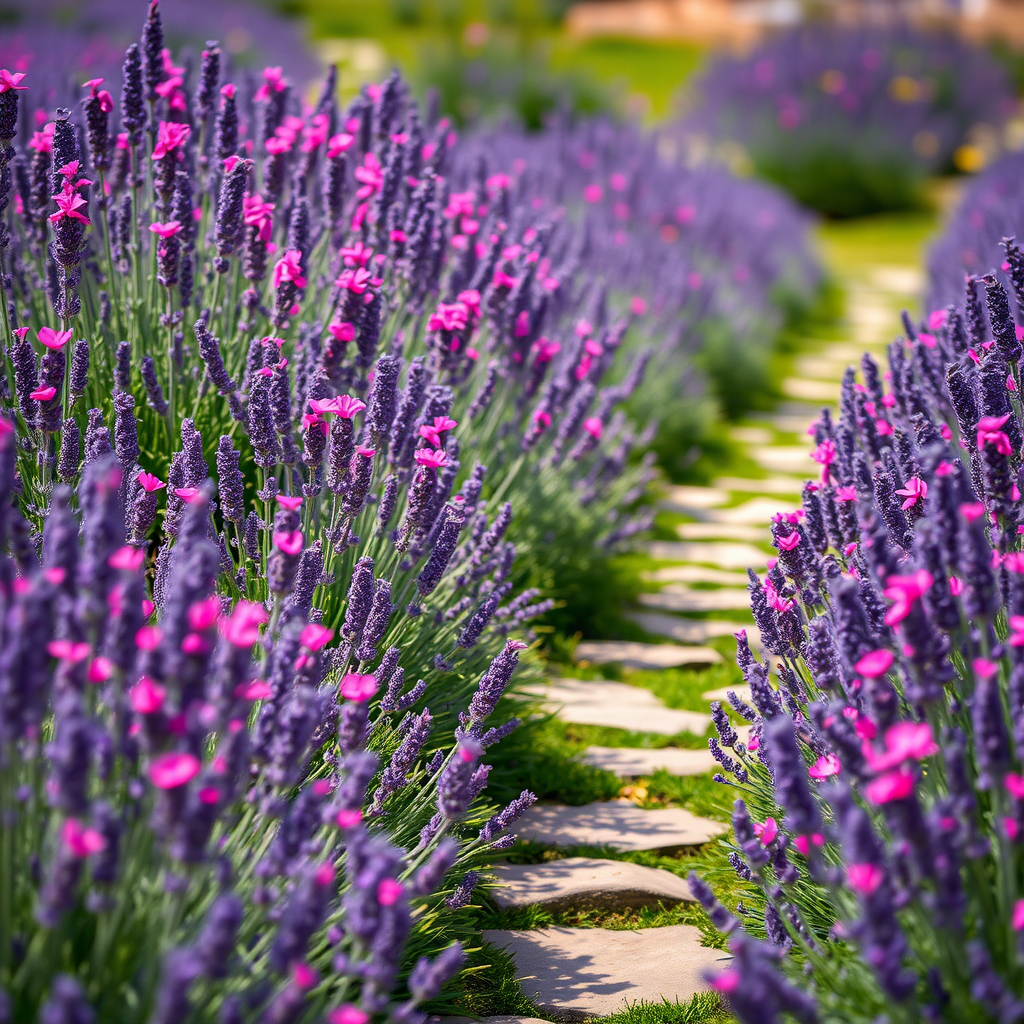 Vibrant Pathway Through Lush Lavender Fields with Colorful Blossoms ...
