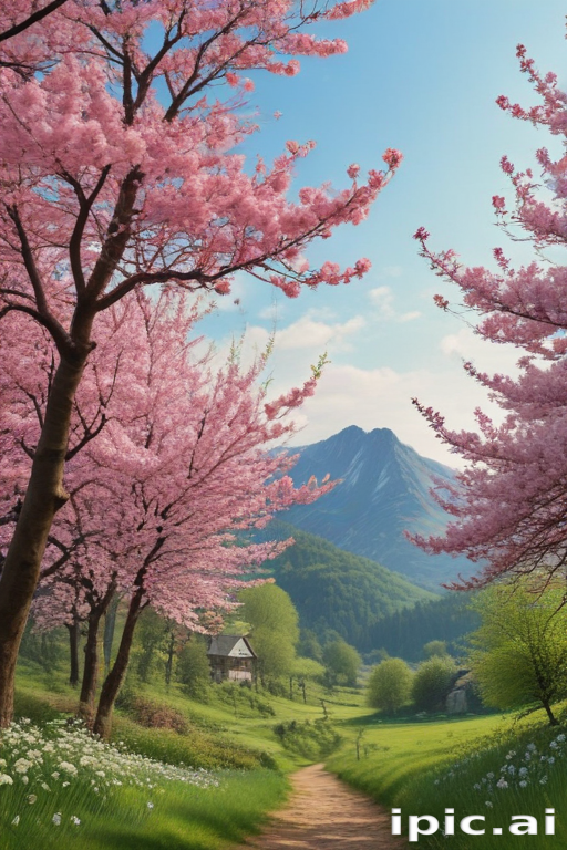 Beautiful Spring Landscape with Cherry Blossoms and Majestic Mountain View