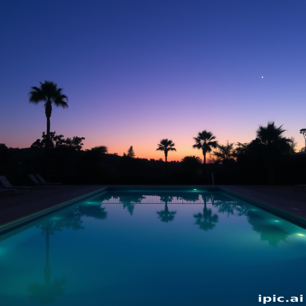 Serene Evening Poolside Scene with Palm Trees and Colorful Sunset Sky