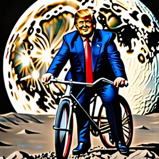 Donald trump driving bicycle on the moon