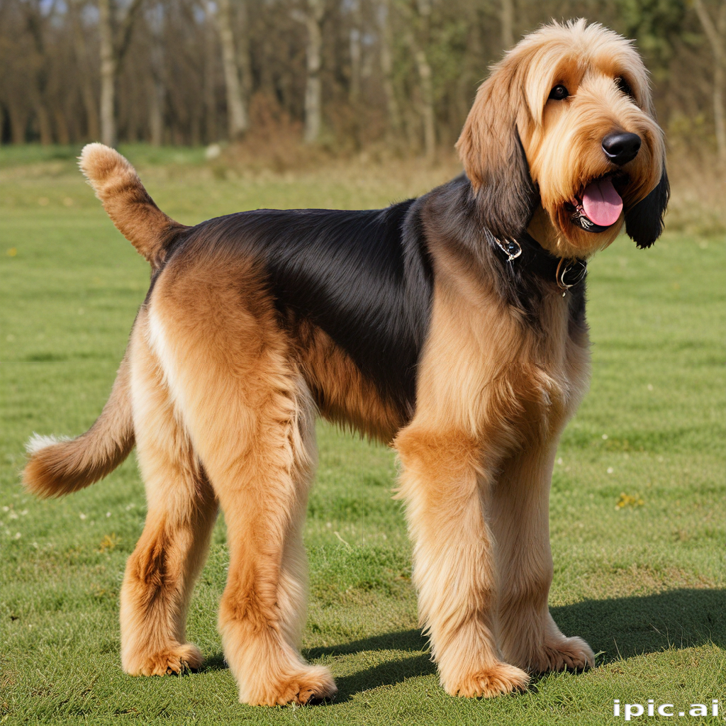 A Happy Fluffy Dog Standing Proudly in a Lush Green Field.