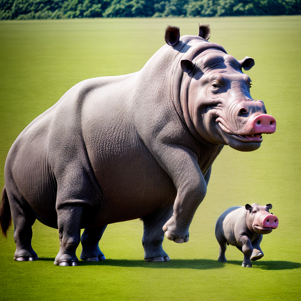 human with a hippo head running from a mutant pig