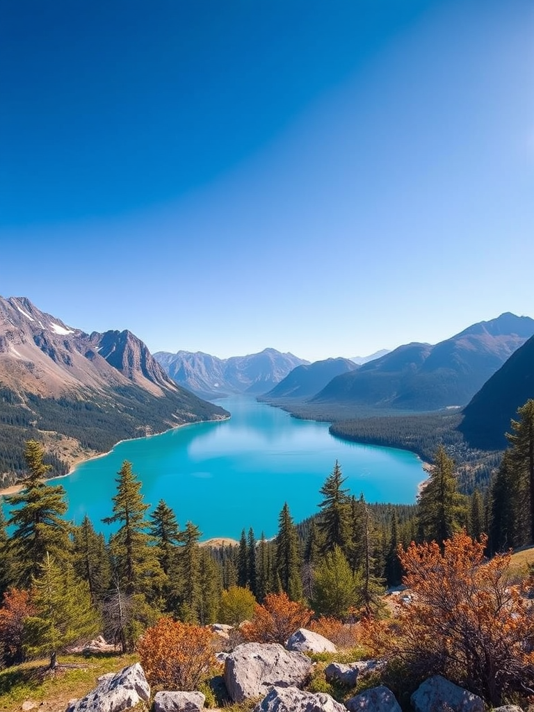 Create a vibrant scenery of a serene lake surrounded by mountains under ...