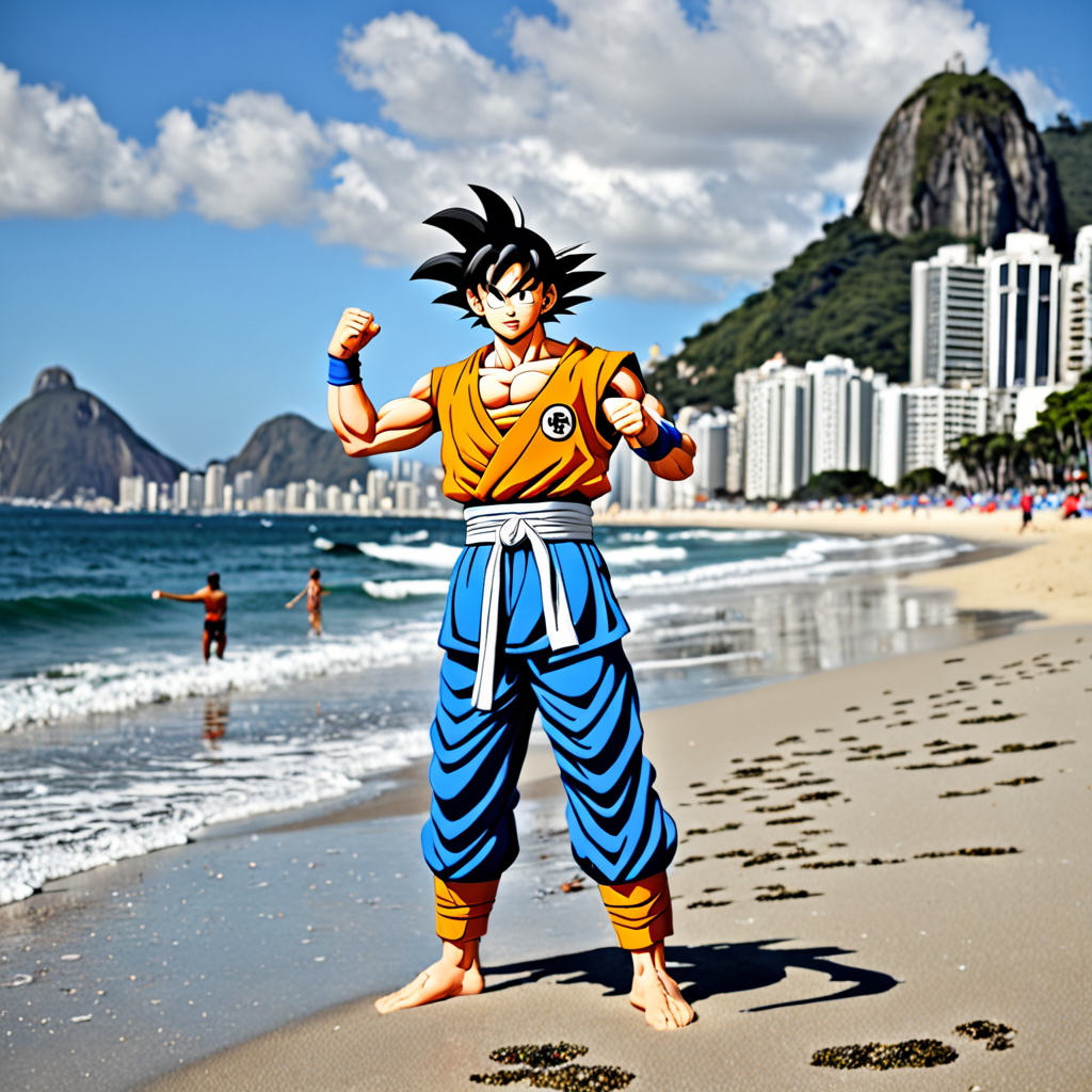 Goku de férias na praia de copacabana