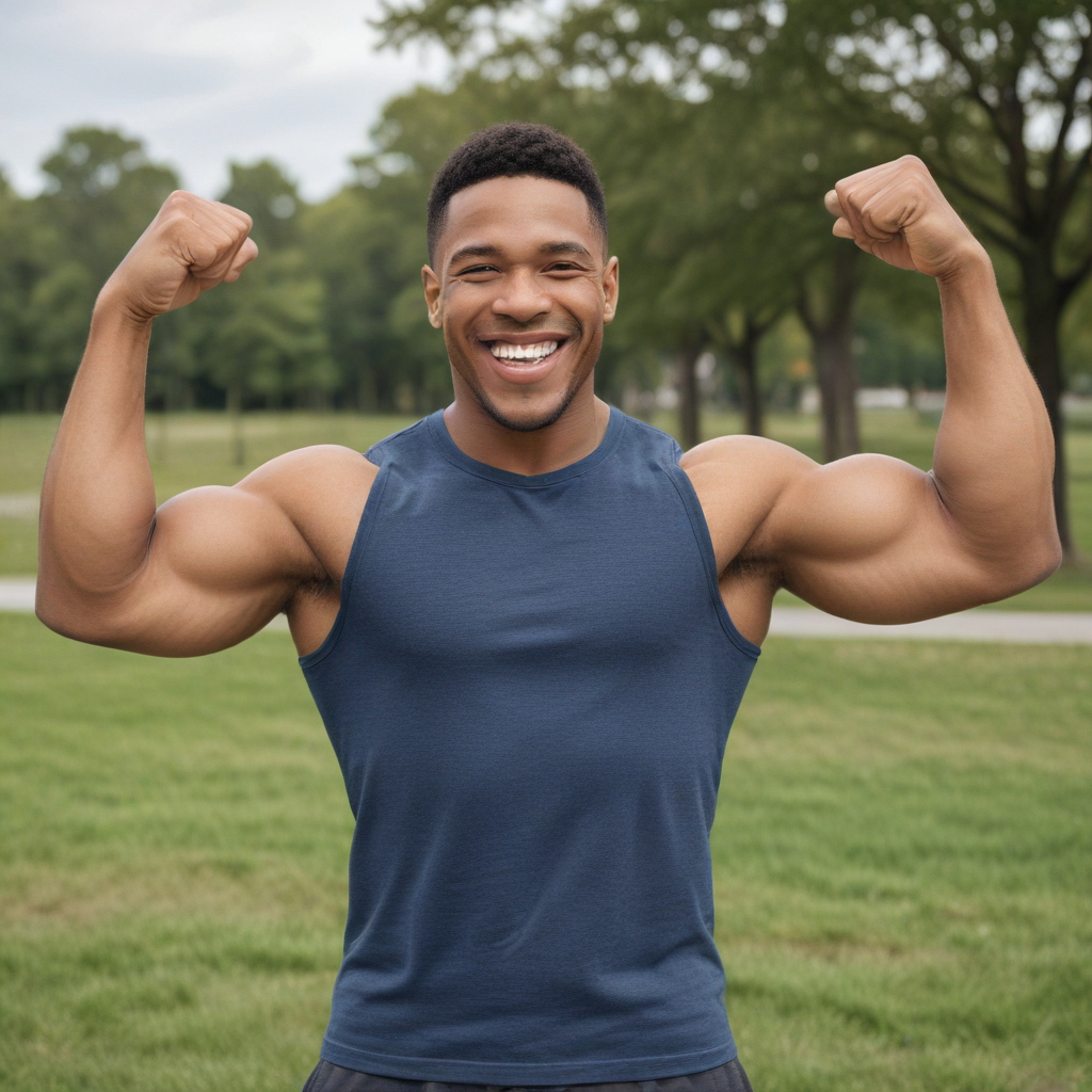 A man happy and smiling flexing his muscles