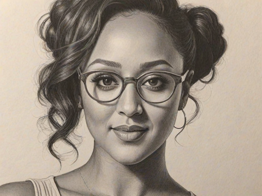 Intricate Pencil Drawing of a Confident Woman Wearing Stylish Glasses