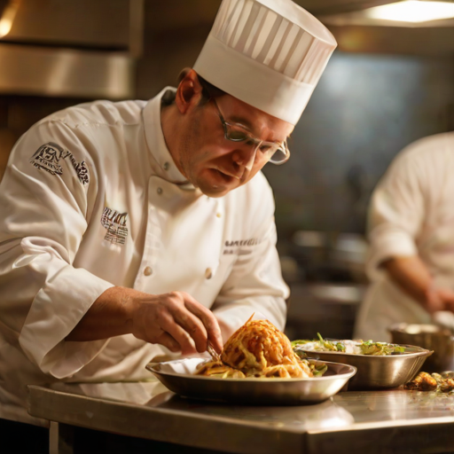 Dedicated Chef Carefully Plating Delicious Pasta Dish in Busy Kitchen