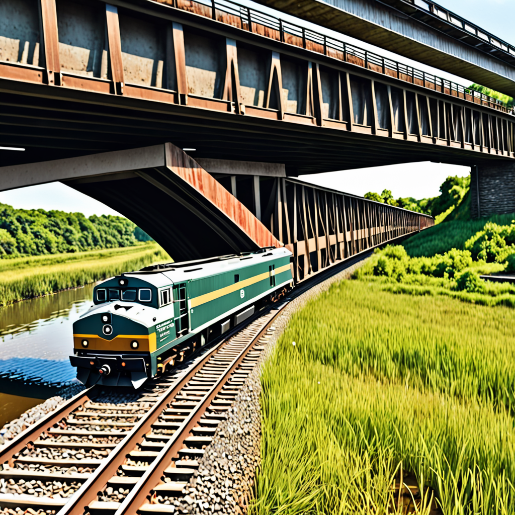 crashed train on bridge over river realistic
