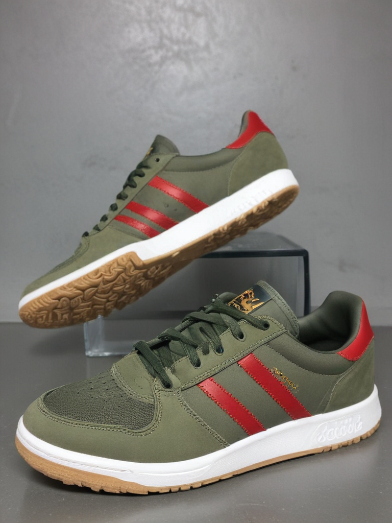 Adidas turtle kaki green sneakers red accents white gum sole