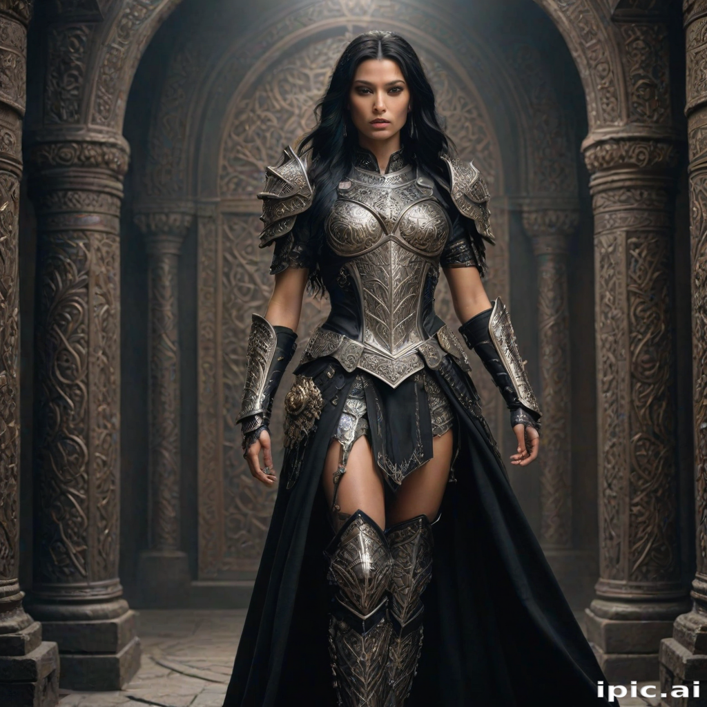 Fierce Warrior in Intricate Armor Stands Boldly in Ancient Stone Hall