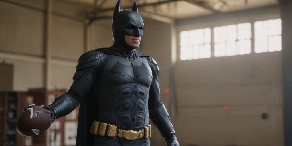 batman throws a American football at a highschool he is playing against ...