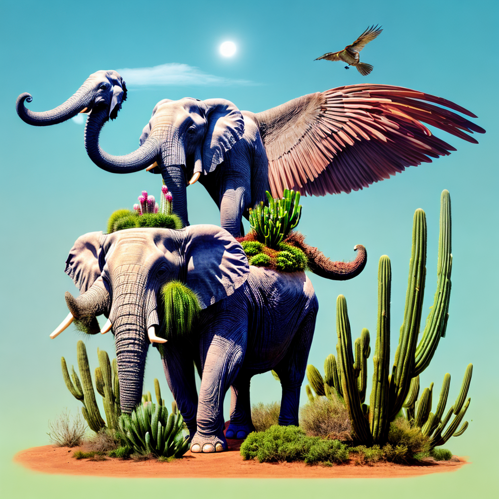 mystical creature mixed of cactus, bird and elephant in a vivid fantasy ...