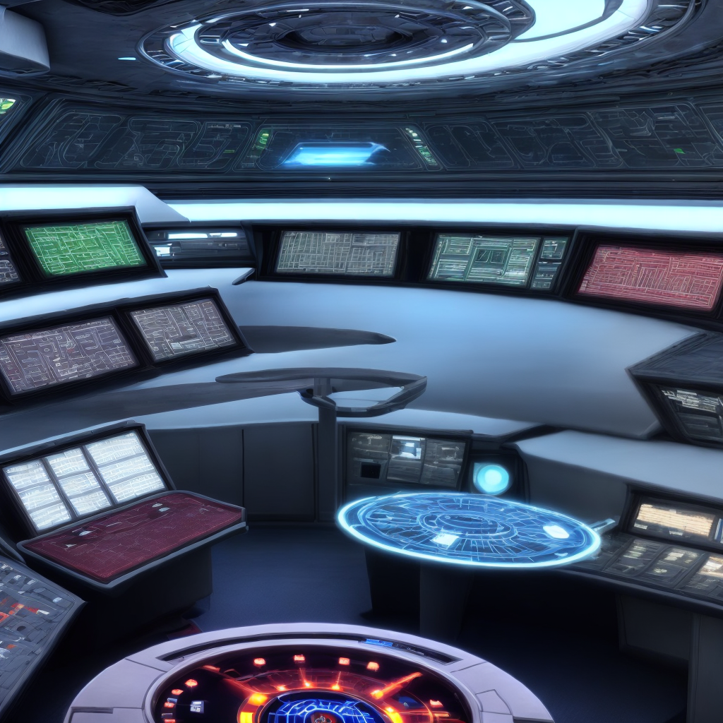 A TOS federation starship bridge (interior) with captain and crew.