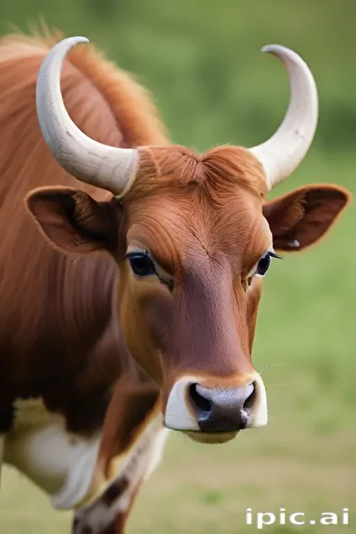 Close-Up of a Brown Cow with Distinctive Curved Horns in Nature