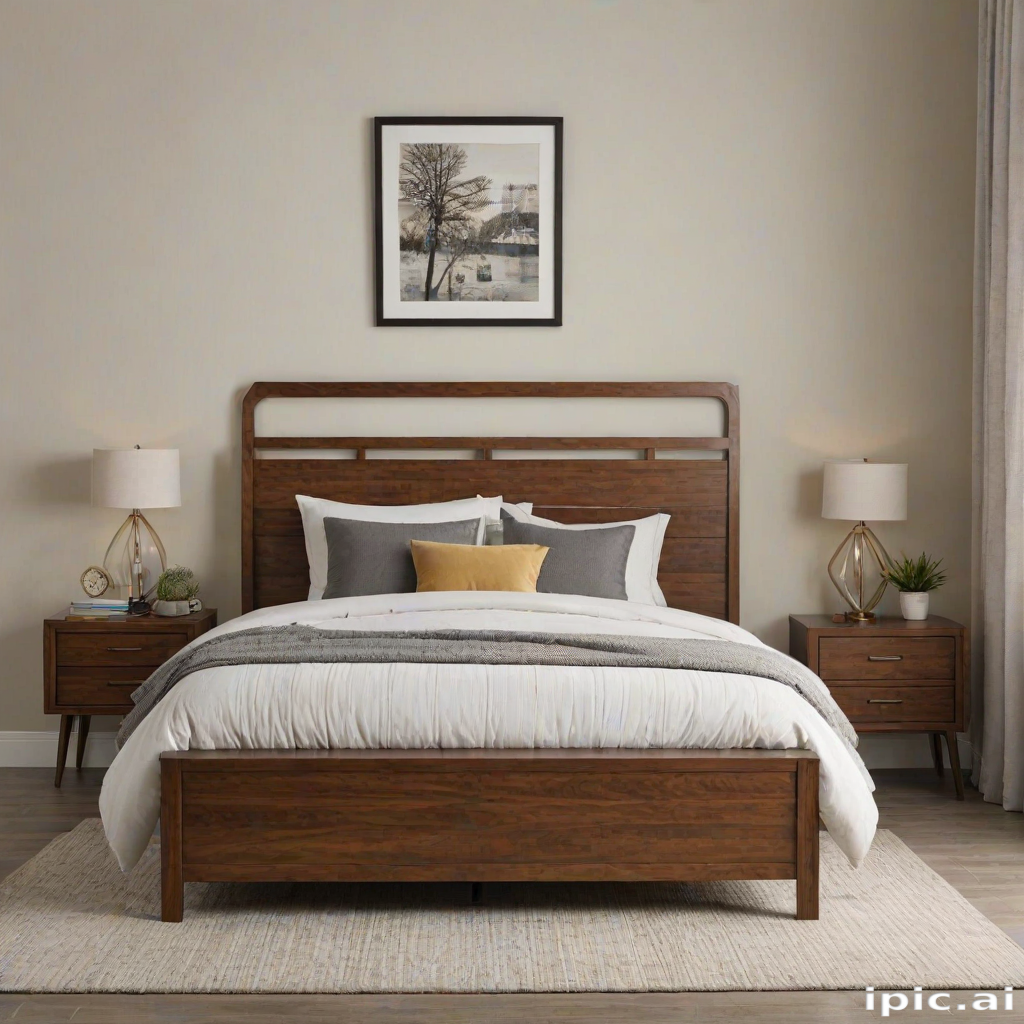 Cozy and Elegant Bedroom Design Featuring a Wooden Bed Frame and ...