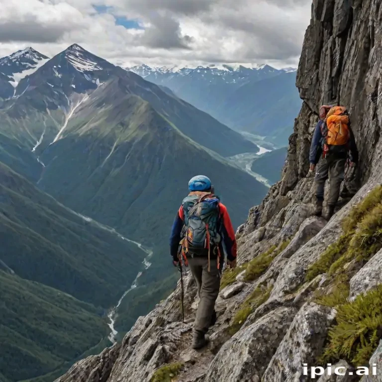 Explorers Trekking Along a Rugged Mountain Trail Overlooking Scenic Valley