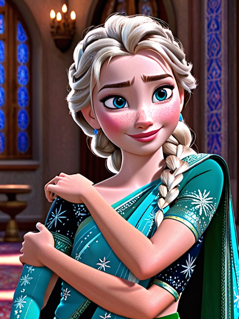 Elsa hug Anna in saree indian smile frozen disney smile look at camera ...