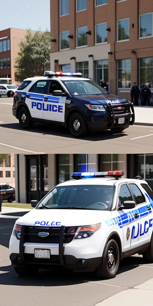 Two Police Vehicles Displaying Emergency Lights in Urban Environment