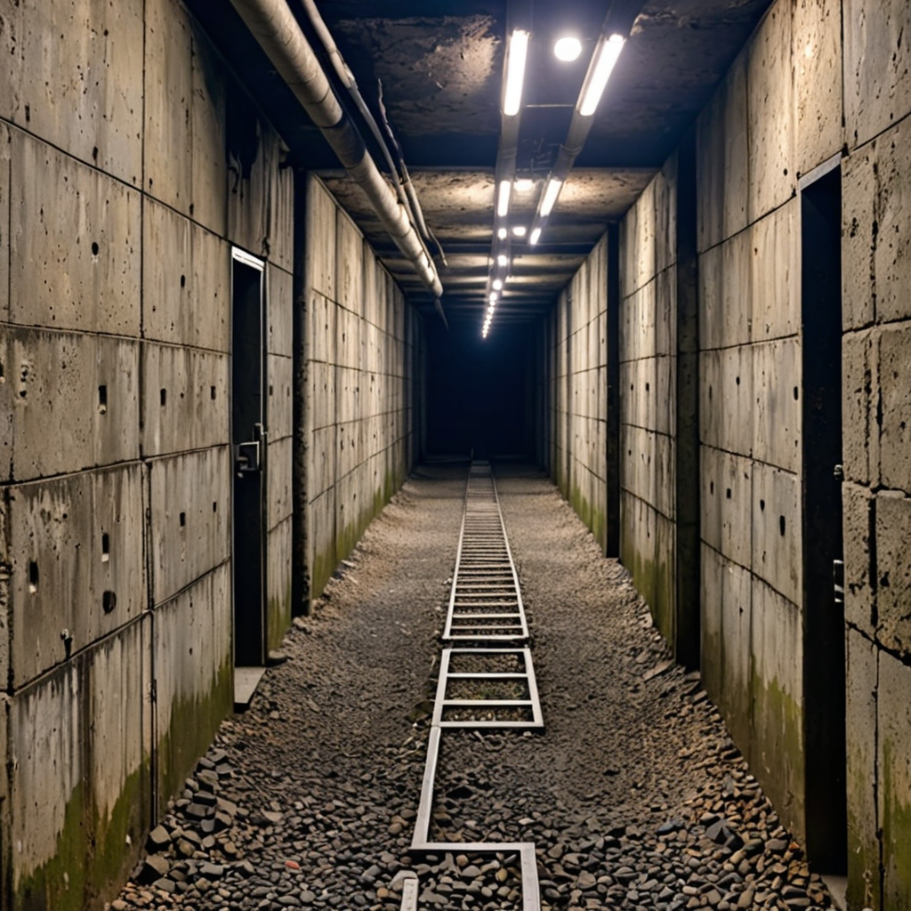 Bunker corridor. A big fence with a heavy lock, underground.