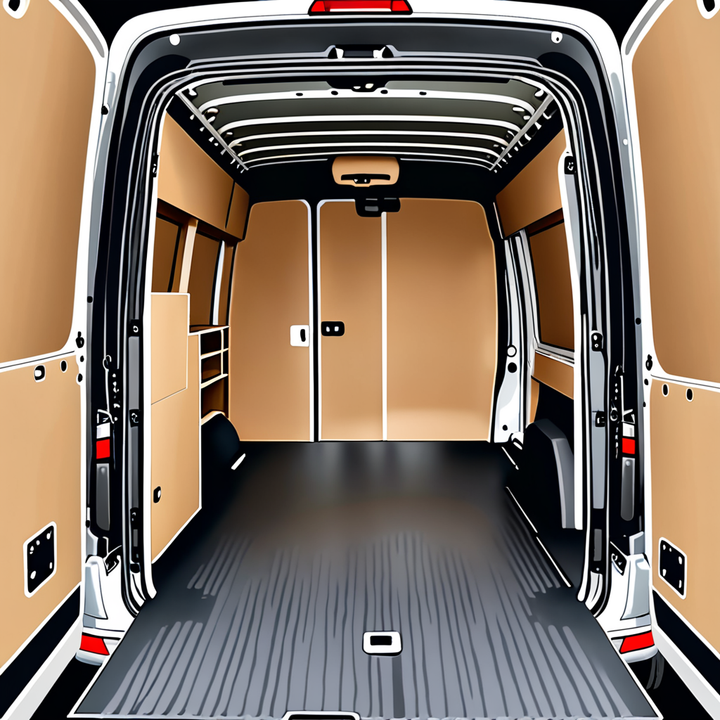 Interior of an empty cargo van. No windows. No people. Flat colors.
