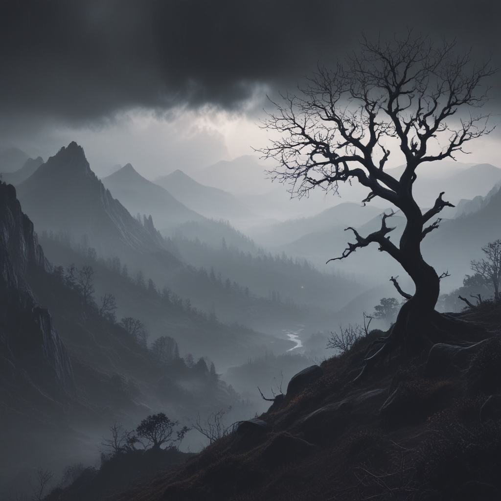 dark landscape, with black mountains around, black twisted trees, fog ...