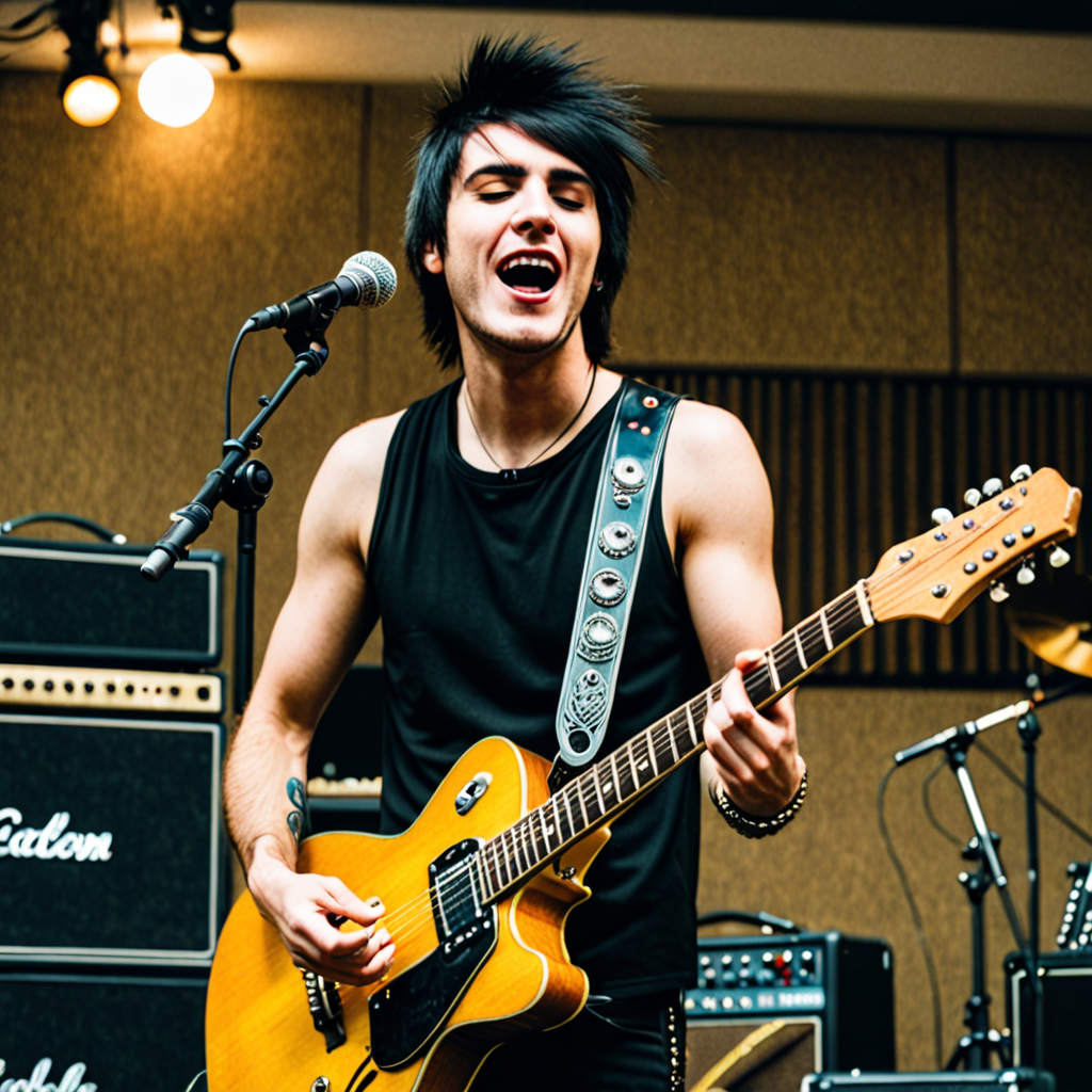 Guy in emo band singing and playing guitar