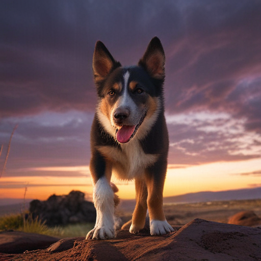 Playful Dog Enjoying a Beautiful Sunset in a Scenic Landscape