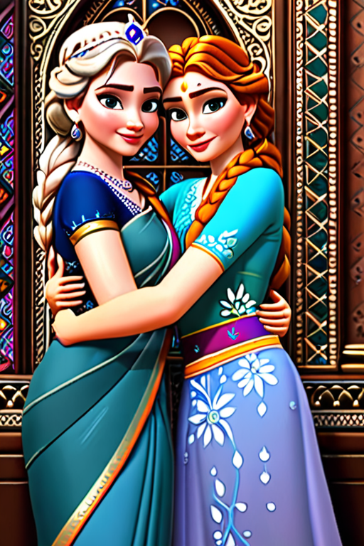 Queen Iduna and Elsa and Anna together hugs in saree indian 3D Disney