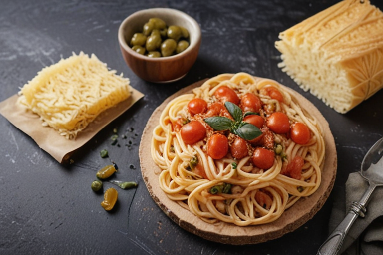 open pack of spaghetti parmesan block tomato olive oil on table