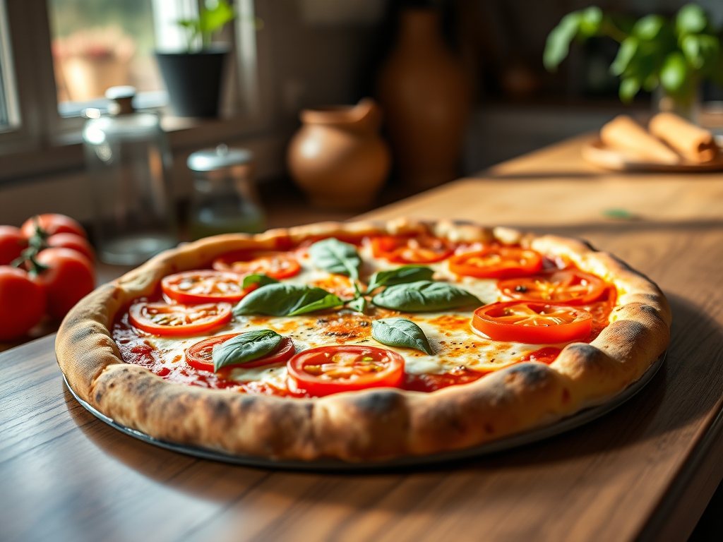 A freshly baked margherita pizza with sliced tomatoes and basil leaves ...