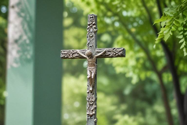 orthodox cross seen from aside pale green light blurred nature background