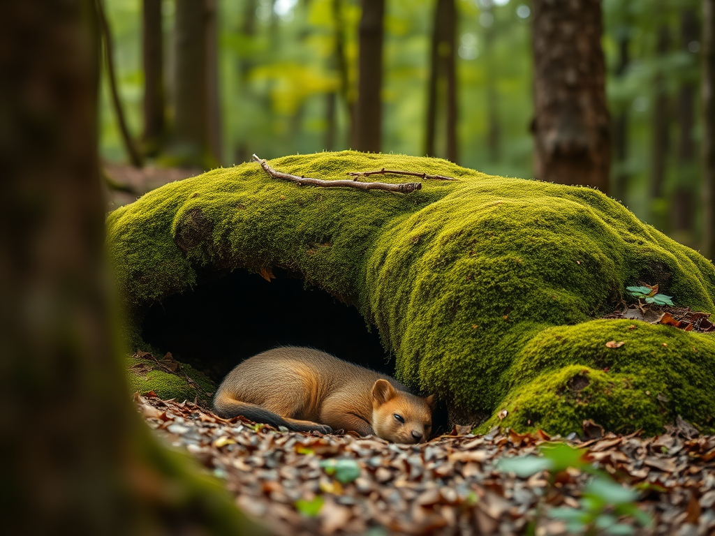 A Cozy Forest Scene Featuring a Sleeping Animal Beneath Mossy Roots