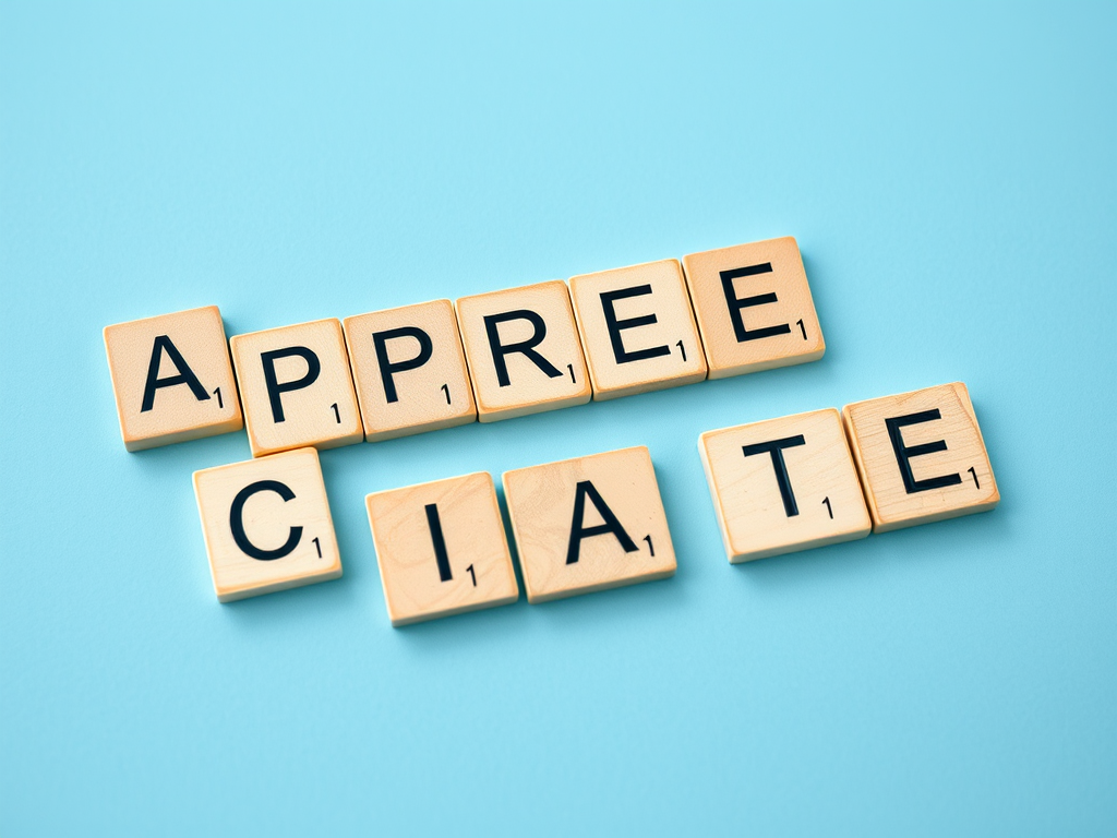 Scrabble Letters Forming the Word 'APPRECIATE' on a Light Blue Background